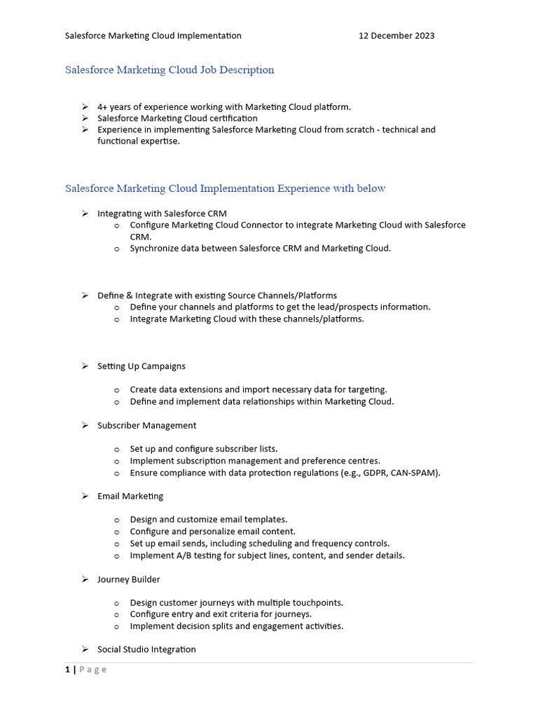 Salesforce Marketing Cloud Implementation - JD - v1.1 | PDF | Customer Relationship Management ...