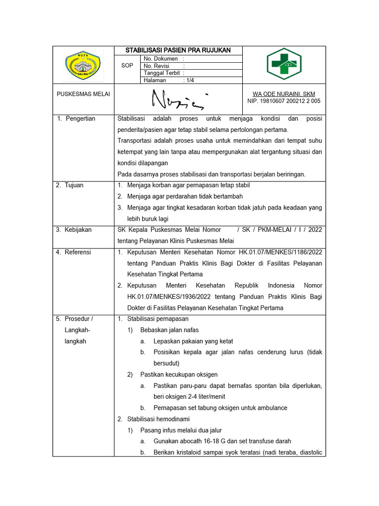 4.2.1 EP D SOP STABILISASI PRA RUJUKAN | PDF | Pengembangan Diri