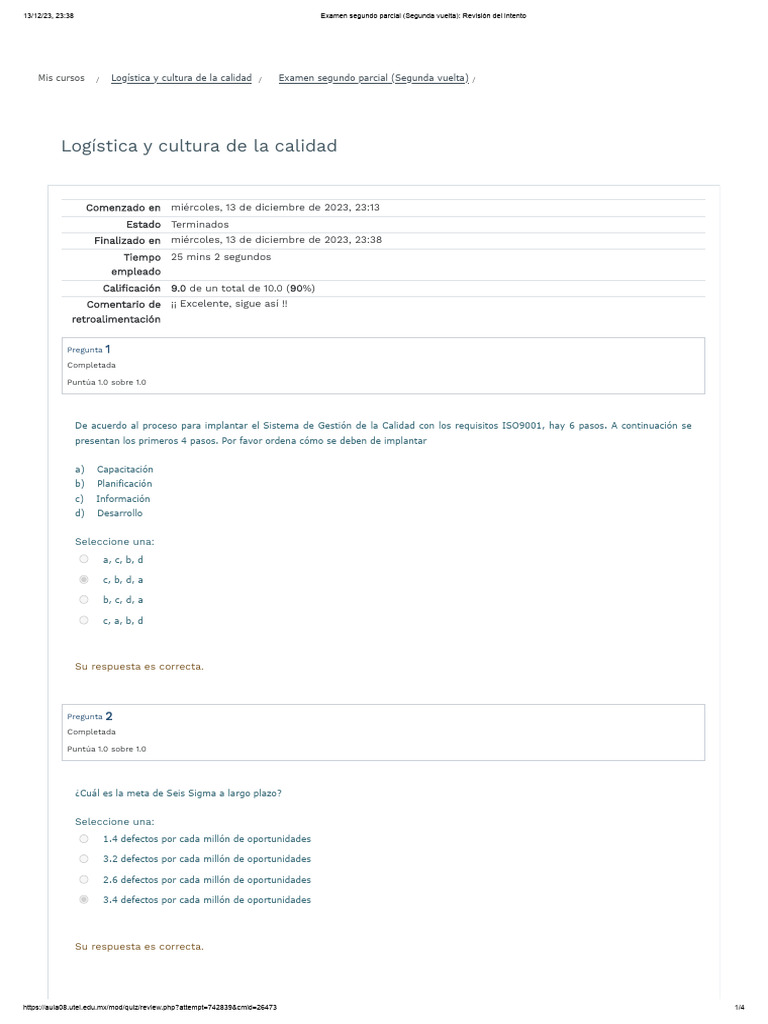 Examen segundo parcial (Segunda vuelta)_ Revisión del intento | PDF | Six Sigma | Business