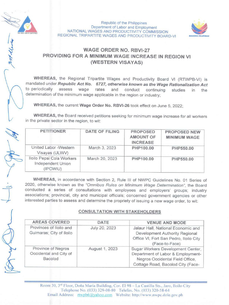 Corrected Signed Wage Order No. RBVI-27 (Private Establishments) | PDF
