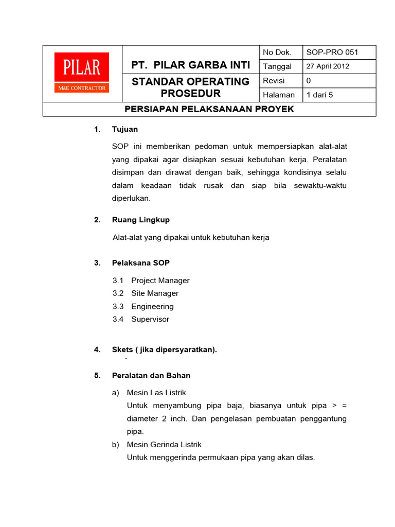 SOP Persiapan Proyek PT. Pilar Garba Inti | PDF