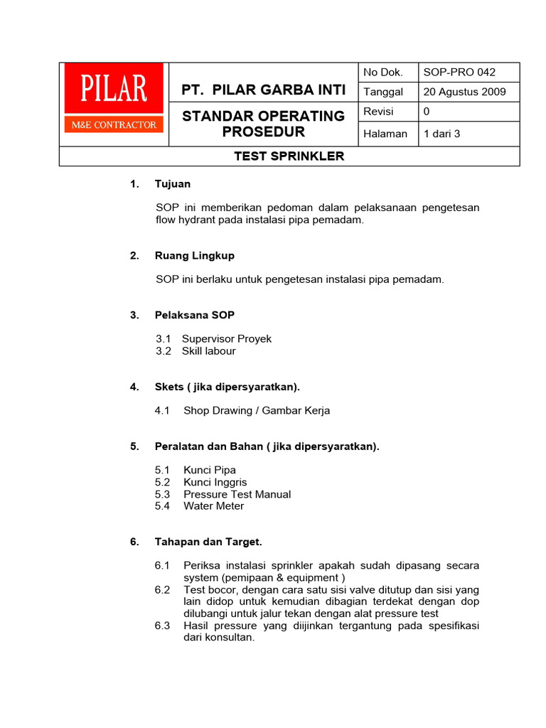 Standard Operating Prosedur Test Sprinkler | PDF