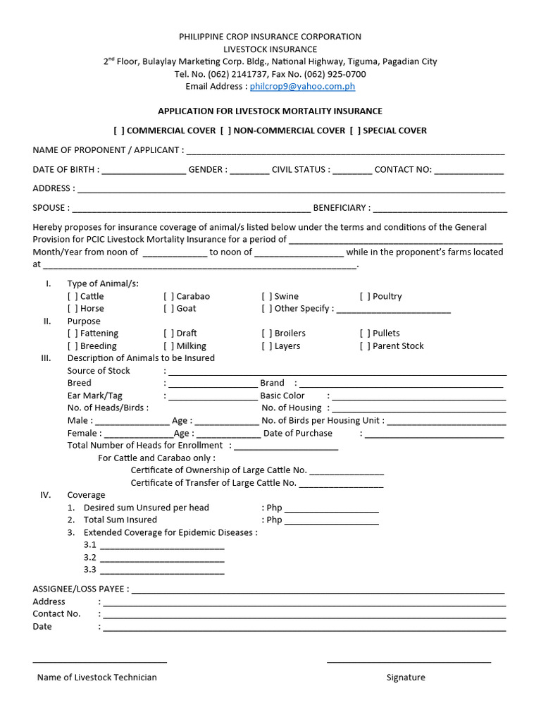 PCIC Livestock Insurance Application Form | PDF | Livestock | Insurance