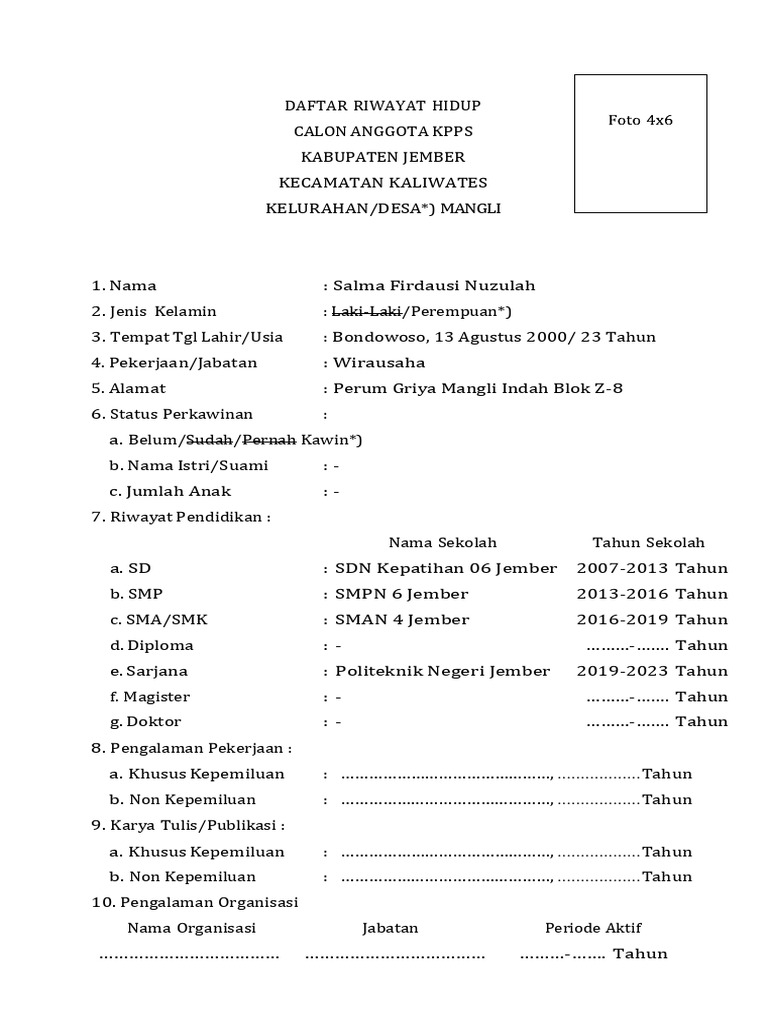 Daftar Riwayat Hidup KPPS | PDF | Karier & Perkembangan