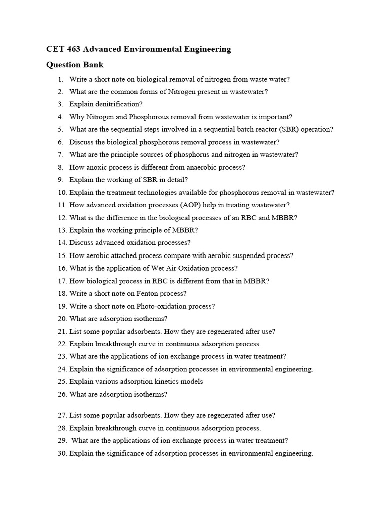 Question Bank For Advanced Environmental Engineering | PDF | Membrane ...