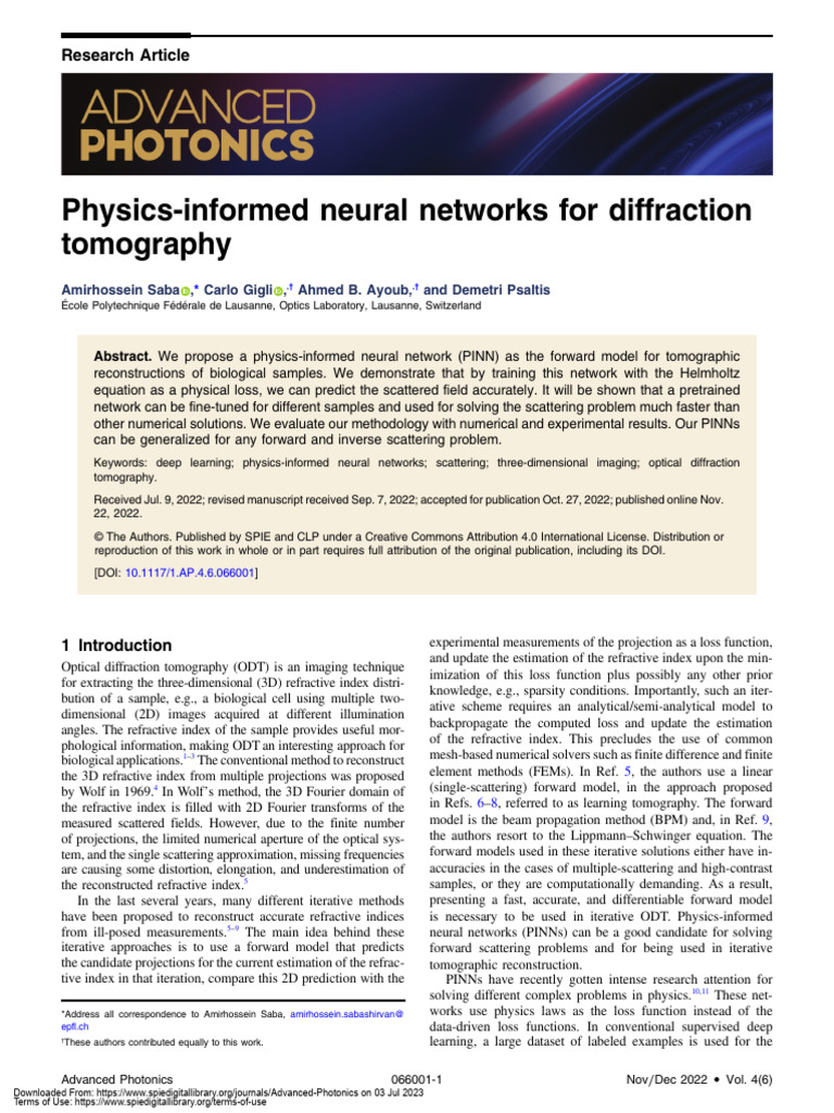 Physics-Informed Neural Networks For Diffraction Tomography: Research Article | PDF | Partial ...