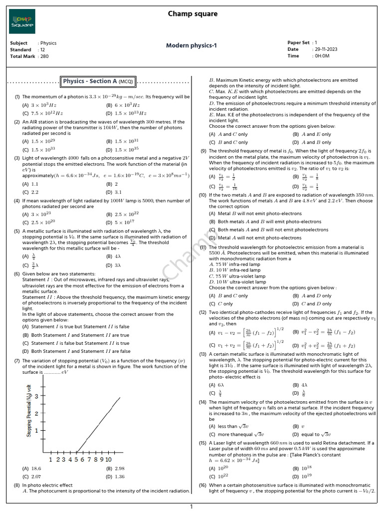 Modern Physics-1 1701247648 | PDF | Photoelectric Effect | Light