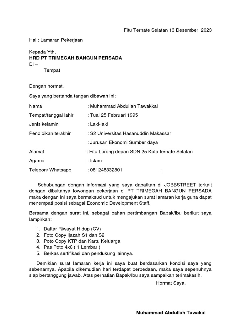 Surat Lamaran PT TBP | PDF | Karier & Perkembangan | Ilmu Sosial