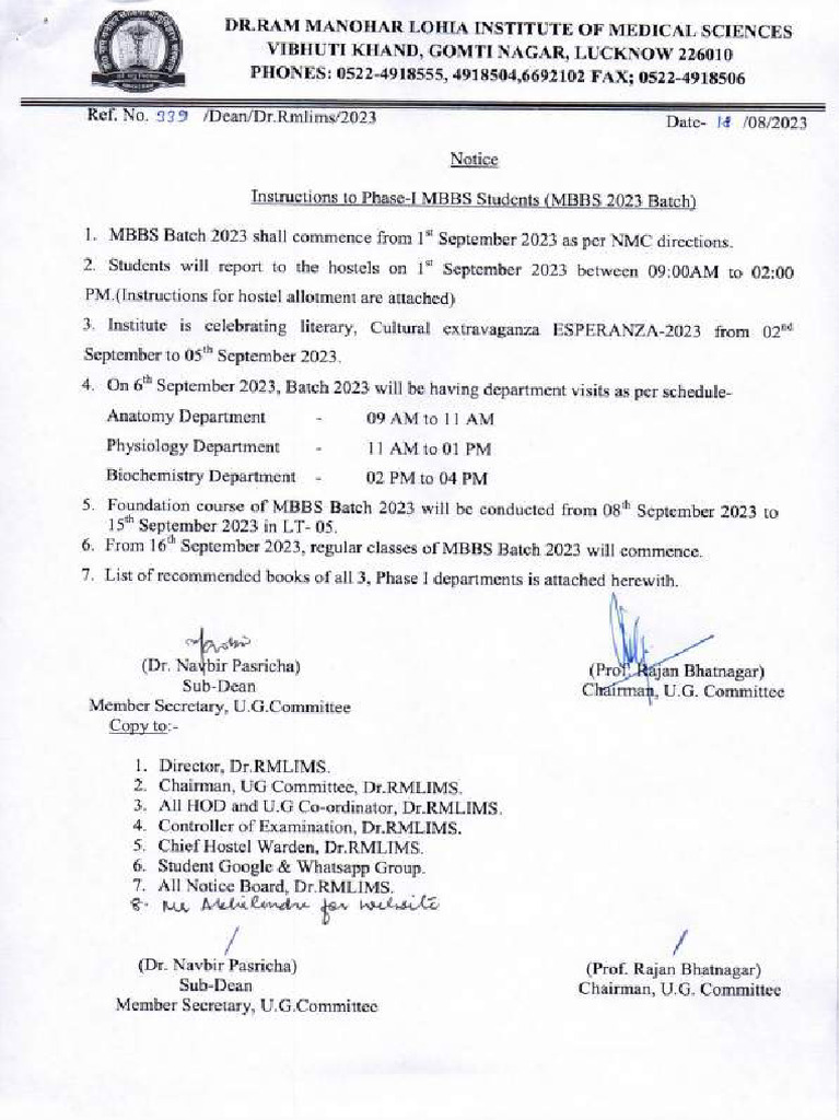 Instruction To Phase-I MBBS Students (MBBS 2023 Batch) - Compressed | PDF