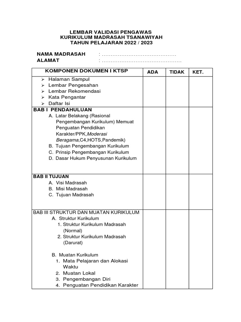 LEMBAR VALIDASI KTSP MTs1 | PDF