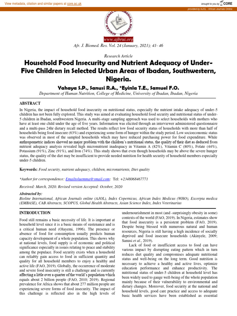 Household Food Insecurity and Nutrient A | PDF | Food Security | Malnutrition