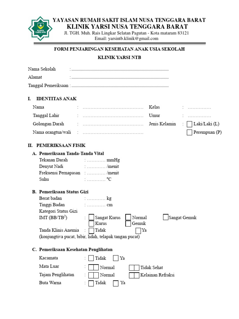 Form Penjaringan Kesehatan Anak Usia Sekolah | PDF
