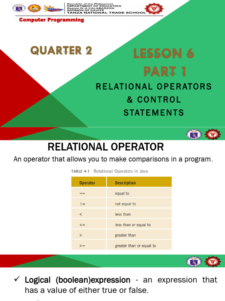 Lesson 6 - Relational Operators - Control Statement | PDF | Boolean Data Type | Information ...