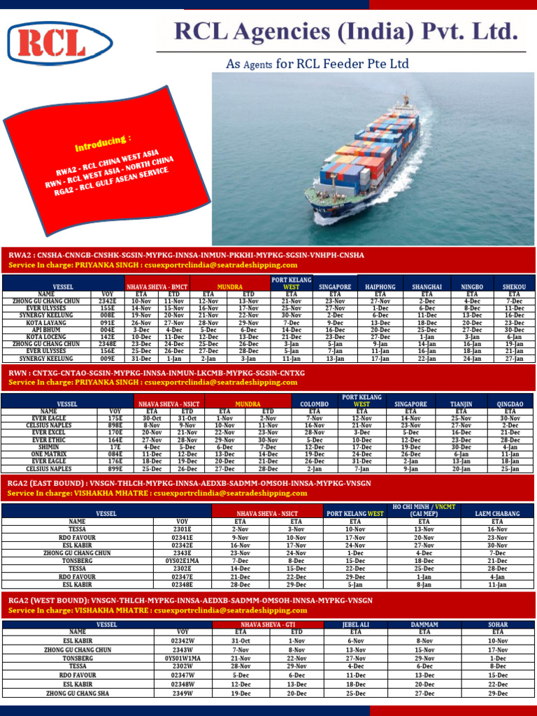 RCL West India - Export Schedule Nov 2023 | PDF | Companies | Water ...