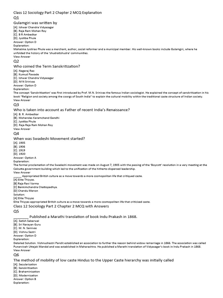 Class 12 Sociology Part 2 Chapter 2 MCQ Explanation | PDF | Swami Vivekananda | Indian Religions