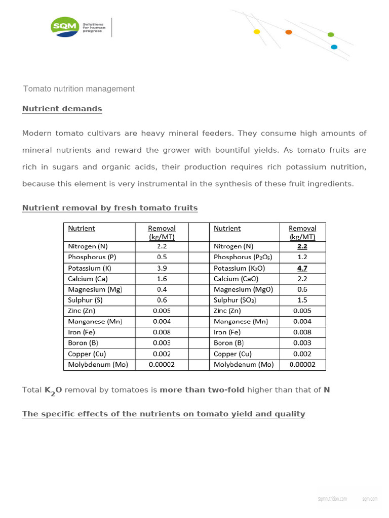 Tomato Nutrition Management | PDF | Plant Nutrition | Nutrients Tomato Nutrition Management | PDF | Plant Nutrition | Nutrients
