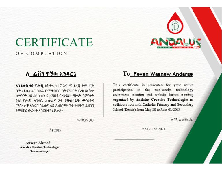 Certificate: Feven Wagnew Andarge | PDF