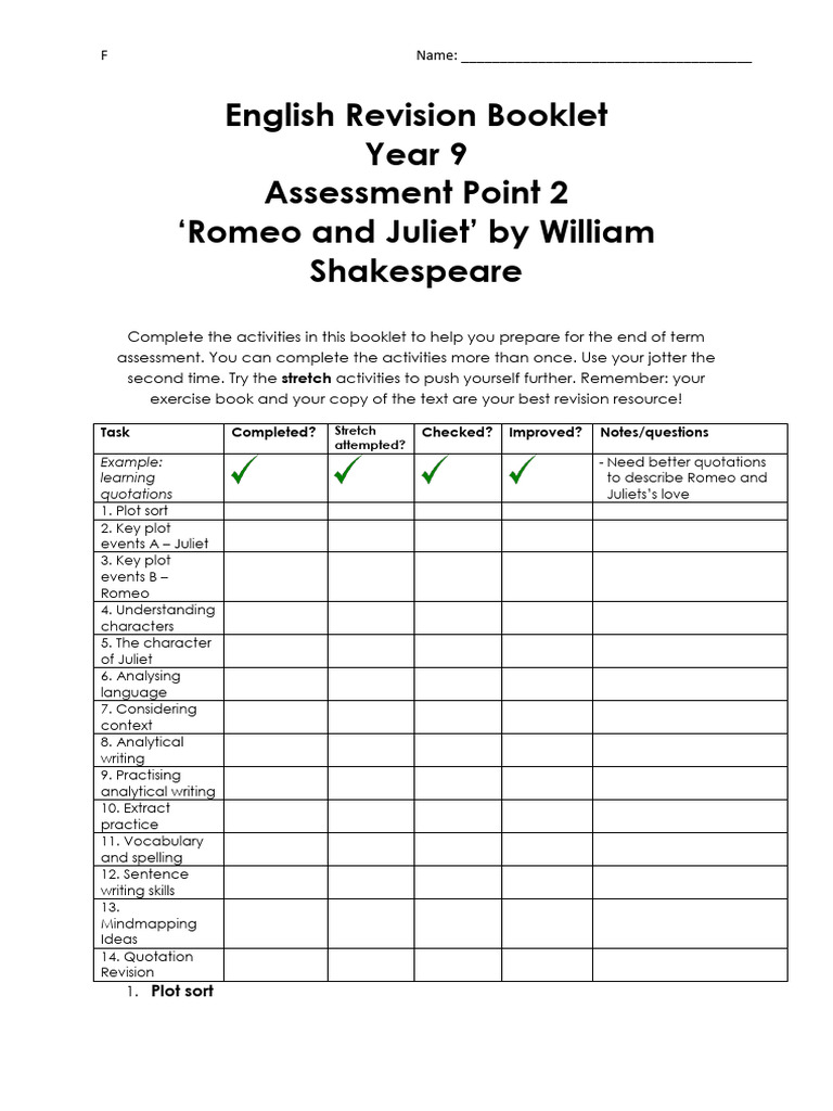 Romeo and Juliet Revision Booklet Foundation | PDF | Characters In ...