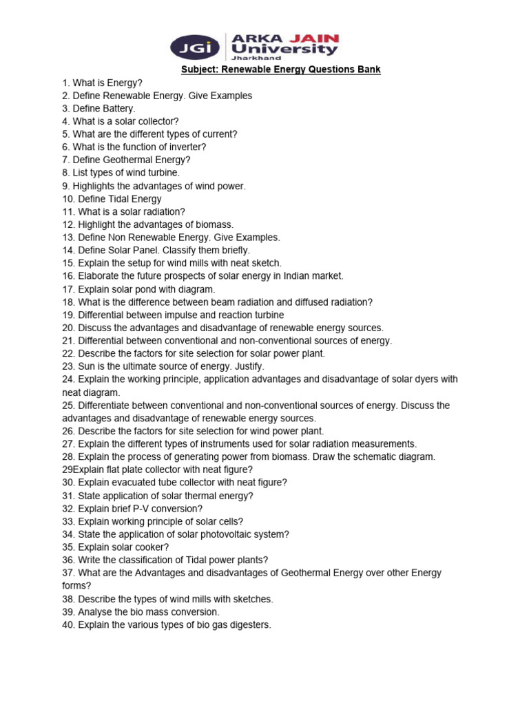 Renewable Energy Questions Bank | PDF | Technology & Engineering