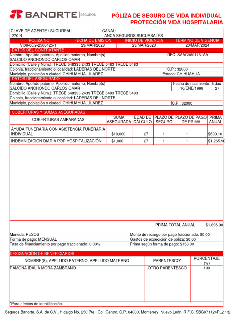 Póliza de Seguro de Vida Individual Protección Vida Hospitalaria | PDF | Póliza de seguros | Seguro