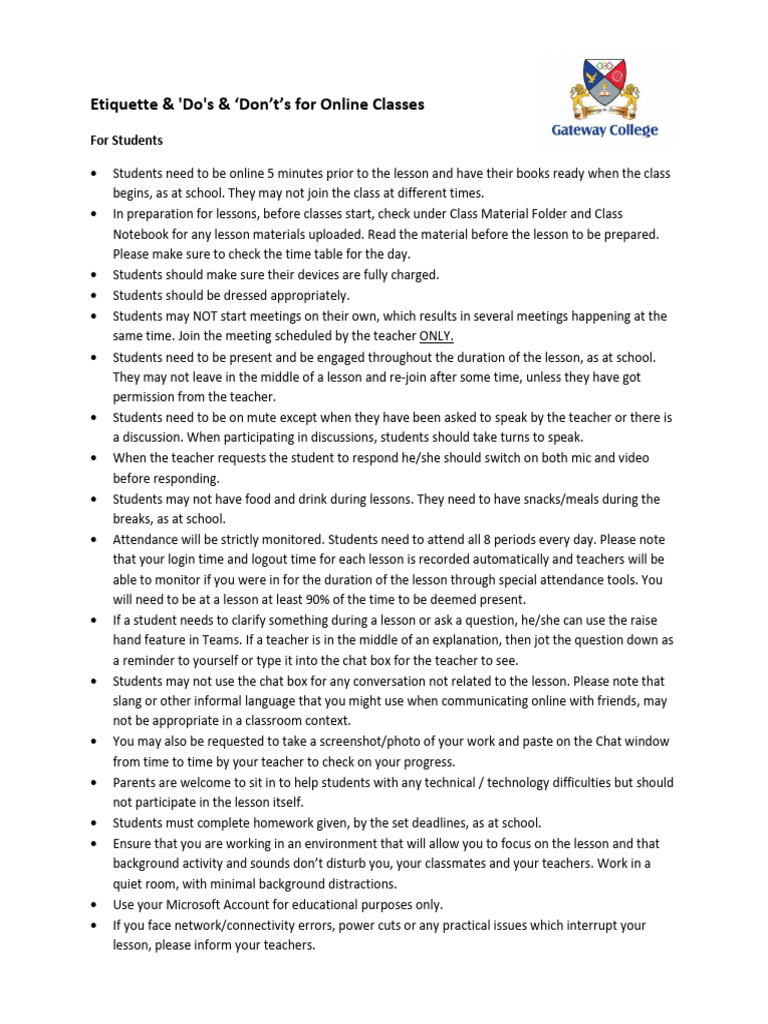 1 - Etiquette Do's & Dont's For Online Class | PDF | Teachers ...