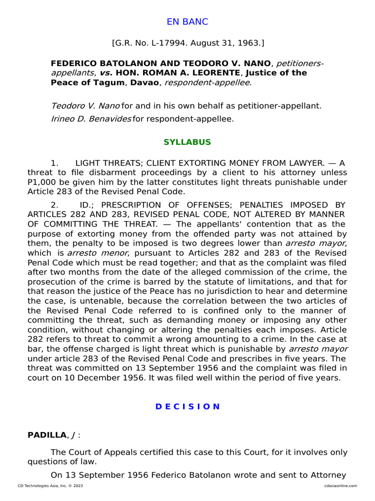 G.R. No. L-17994 - Batolanon v. Leorente | PDF | Crimes | Crime & Violence