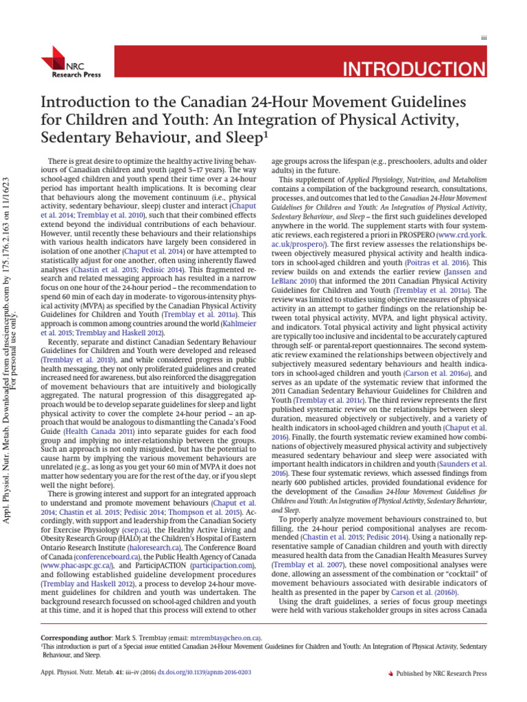 Tremblay Et Al 2016 Introduction To The Canadian 24 Hour Movement Guidelines For Children and ...