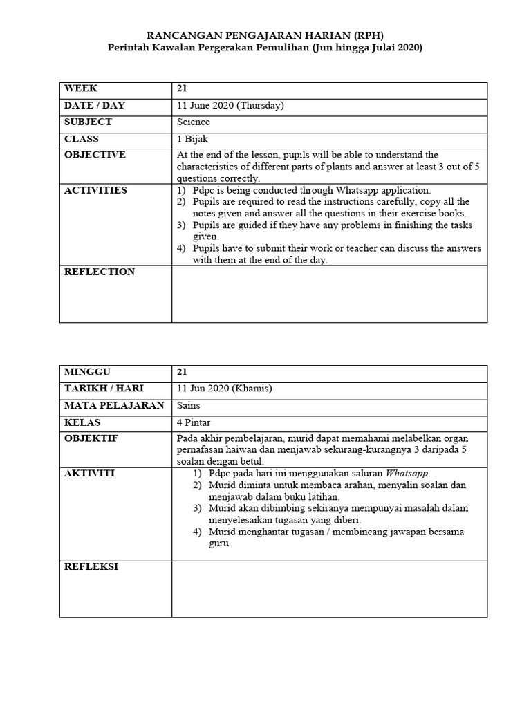 Template RPH PKP Jun - Julai 2020 | PDF | Cognition | Cognitive Science