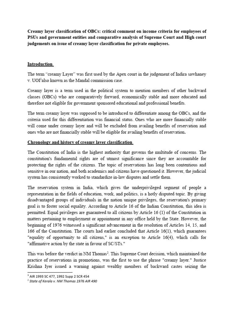 Creamy Layer Classification of OBCs - 1 | PDF | Politics Of India | Government Of India