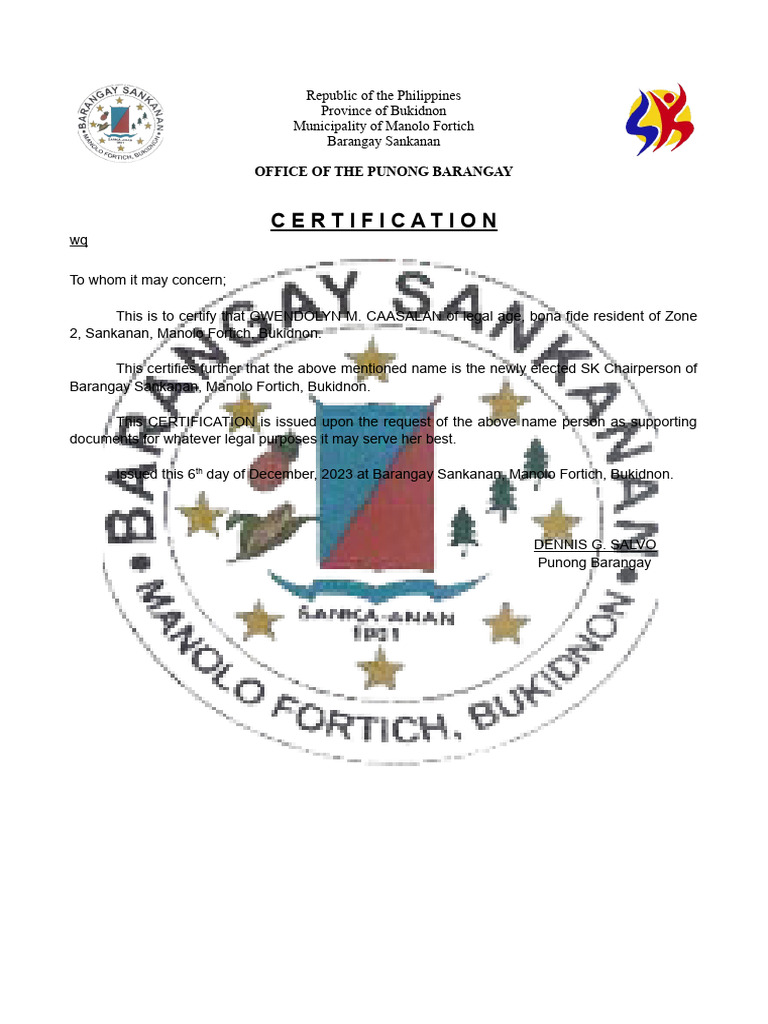 Certification From Punong Brgy | PDF