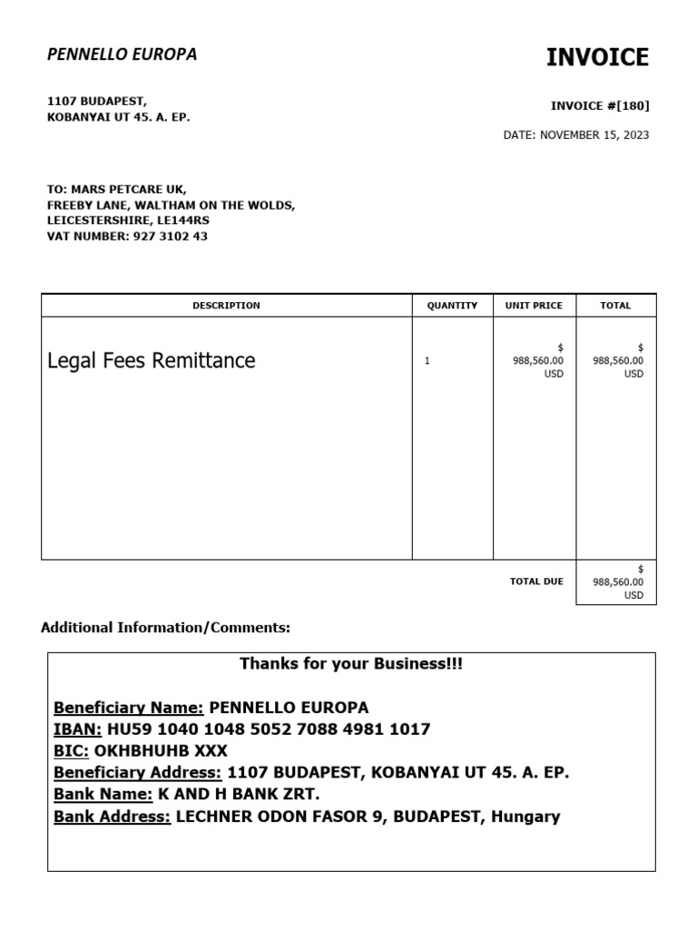 Invoice #180 for Legal Fees - $988,560 | PDF
