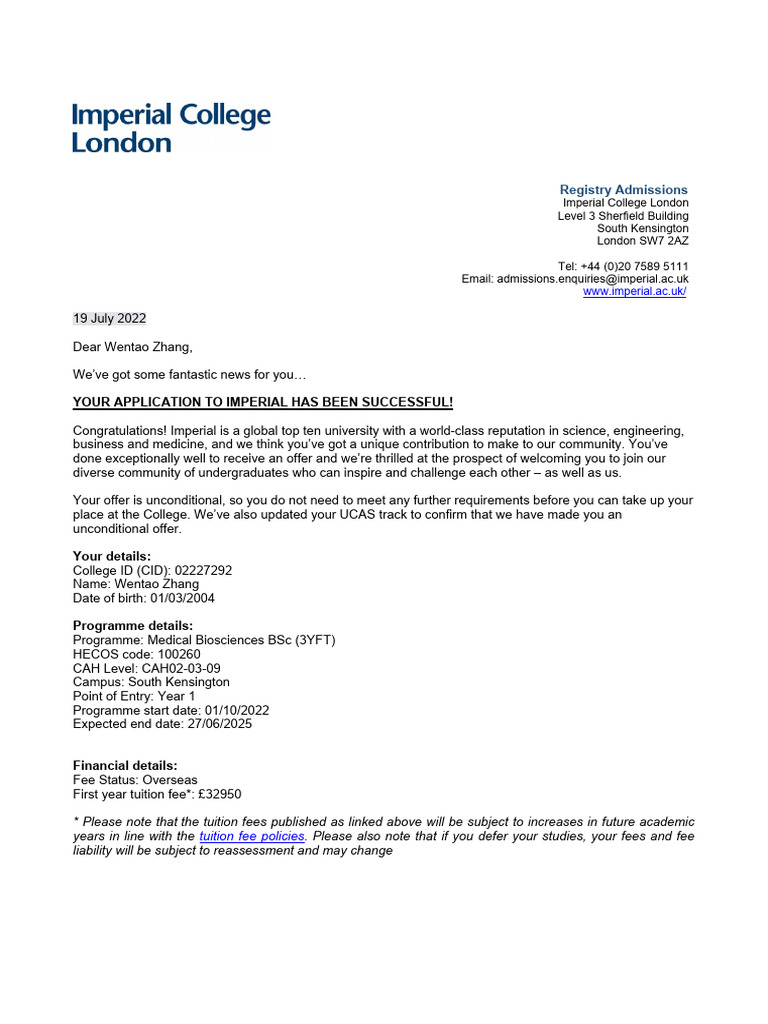 UG Unconditional Offer Letter | PDF | Educational Stages | Higher Education