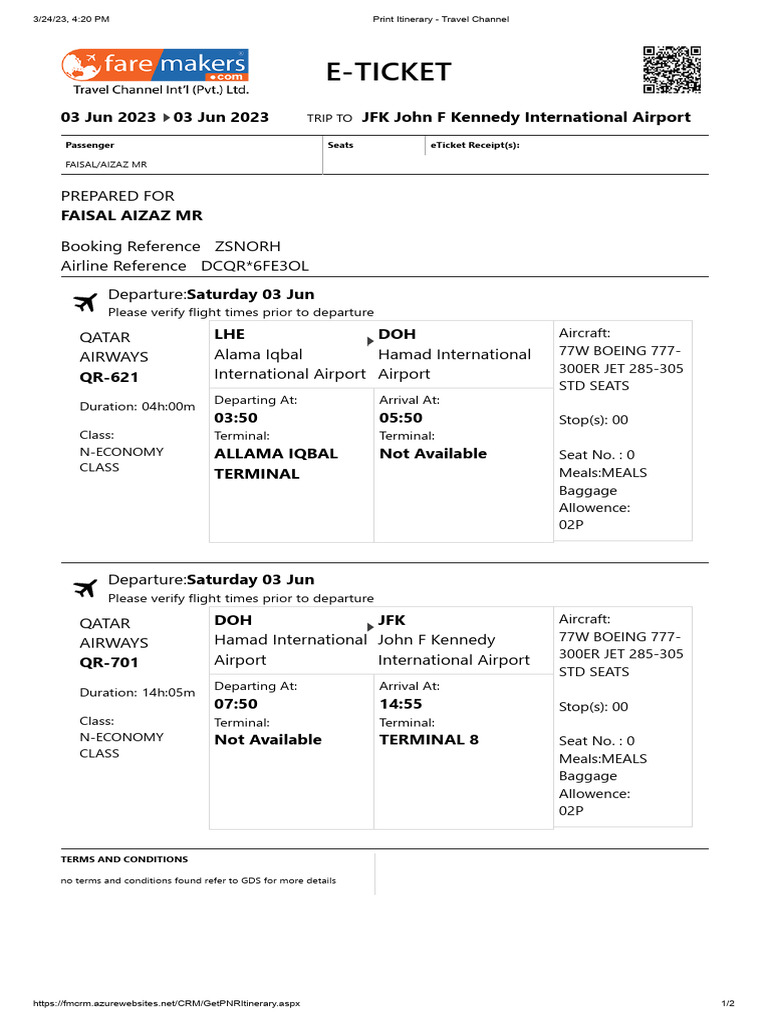 E-Ticket: 03 Jun 2023 03 Jun 2023 JFK John F Kennedy International Airport | PDF | John F ...