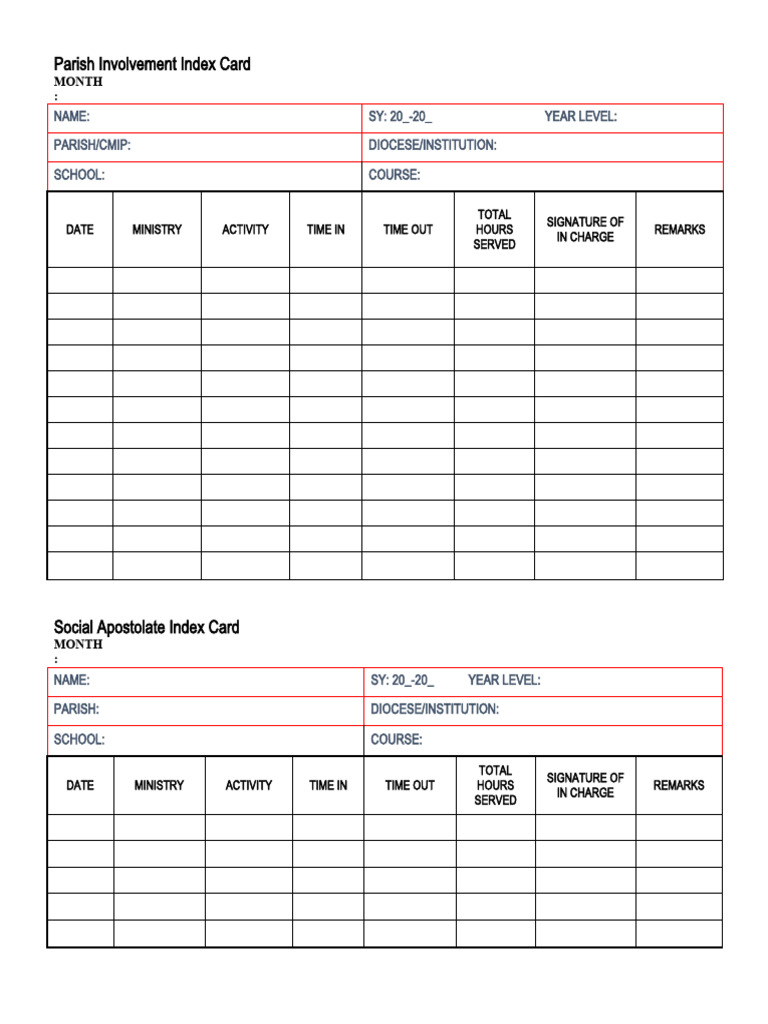 Index Card For Parish Involvement Updated Format 2 | PDF