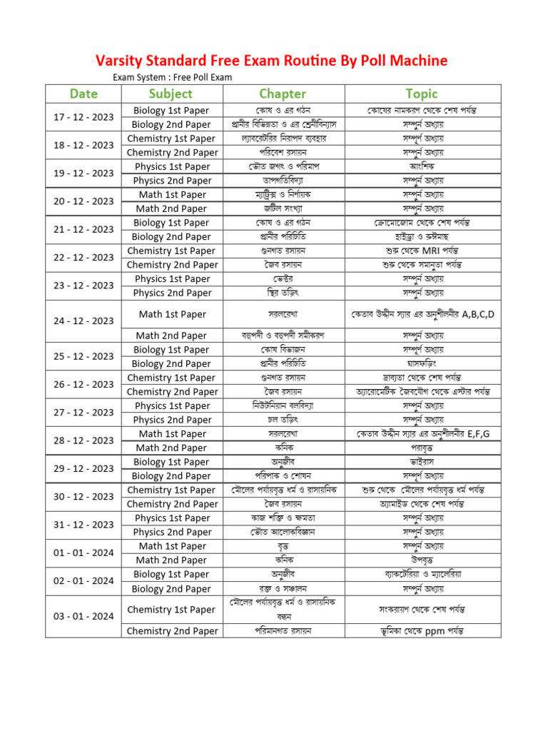 Varsity Free Exam Batch Routine | PDF