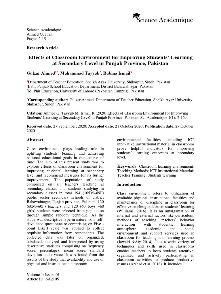 Effects of Classroom Environment For Improving Students Learning | PDF | Educational Technology ...