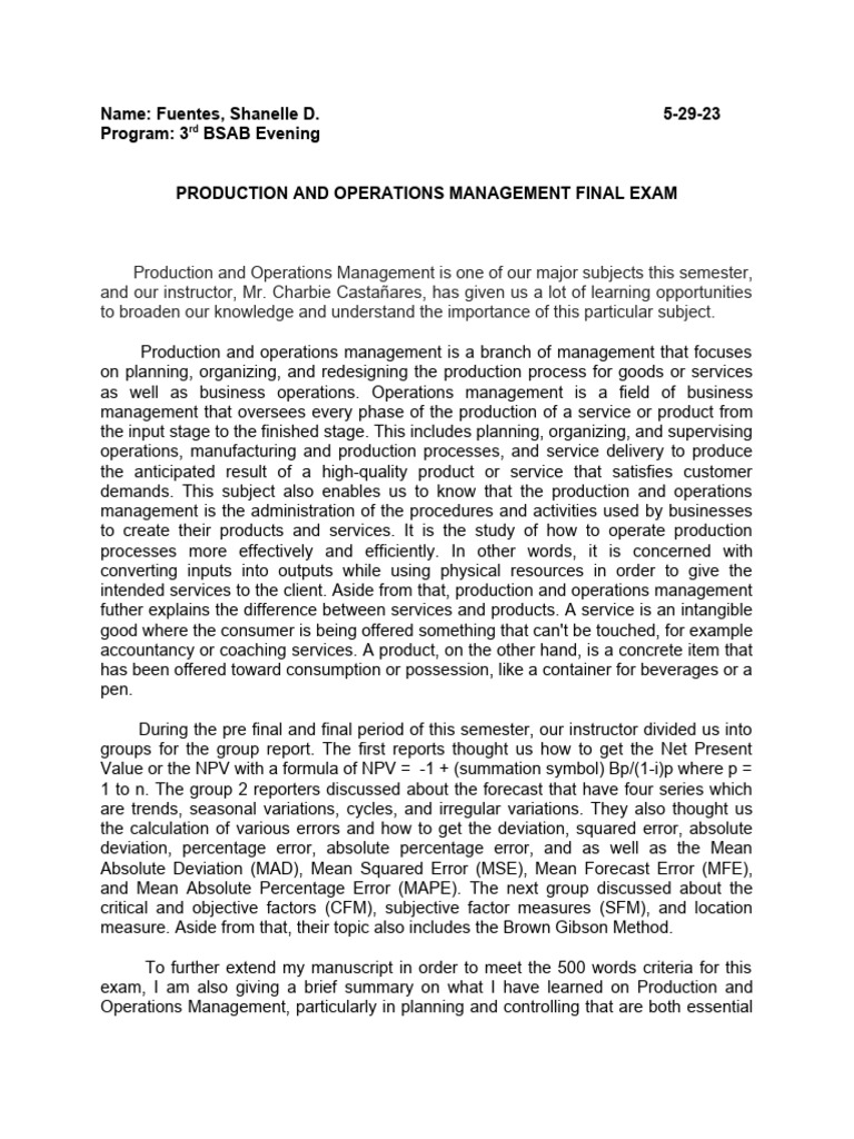 PRDCTN MGT Final Exam | PDF | Operations Management | Forecasting