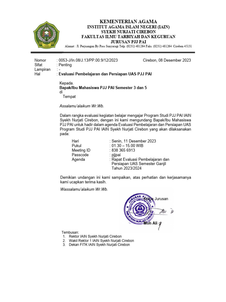 Undangan Rapat Koordinasi Evaluasi Pembelajaran Dan Persiapan UAS Semester 3 Dan 5 Tahun 2023 ...