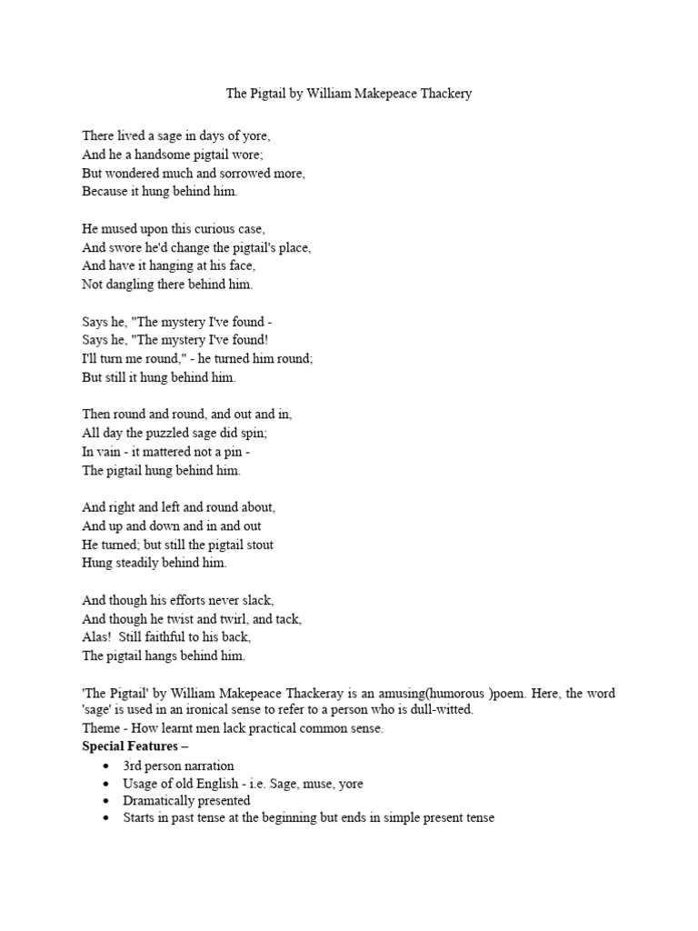 The Pigtail by William Makepeace Thackery | PDF | Poetry