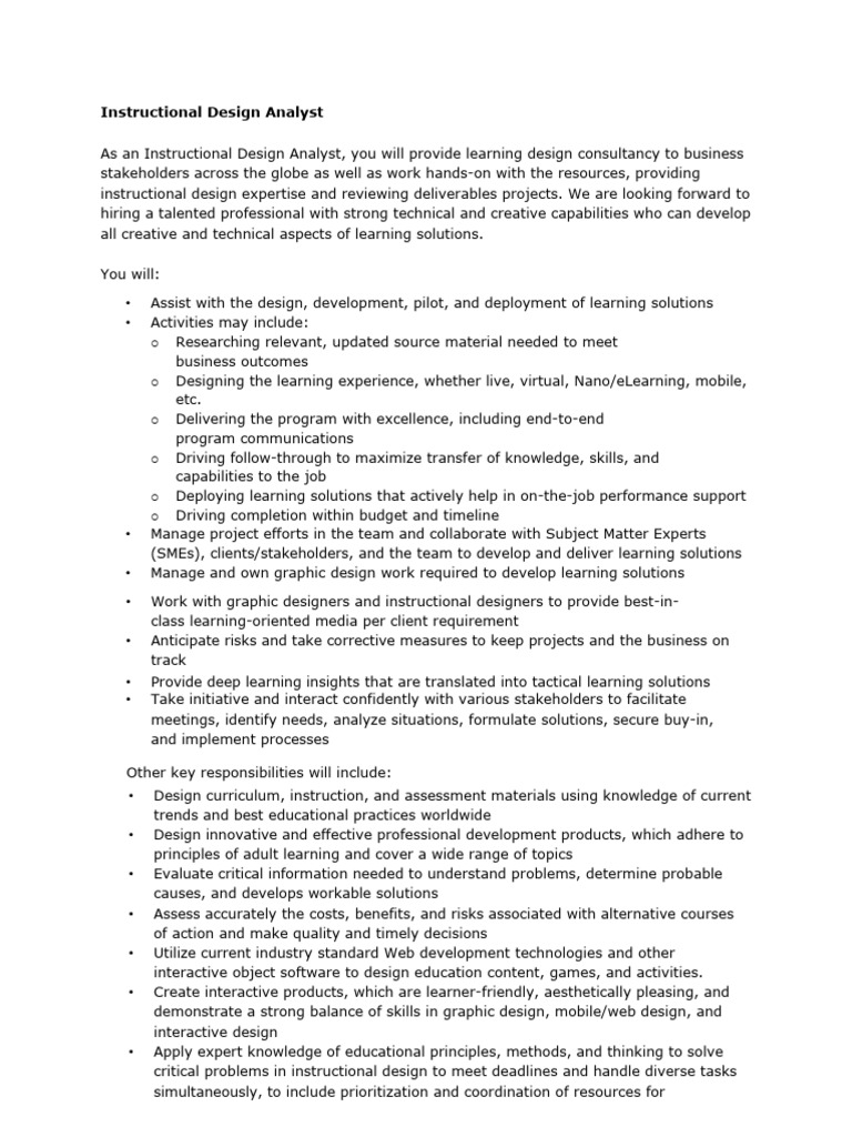 JD - Instructional Design Analyst | PDF | Instructional Design | Educational Technology