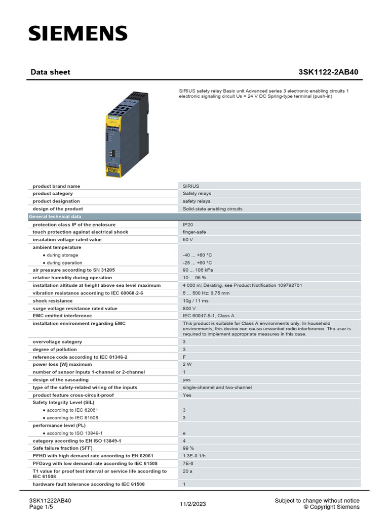 3SK11222AB40 Datasheet en Safety Relay | PDF | Relay | Electrical ...