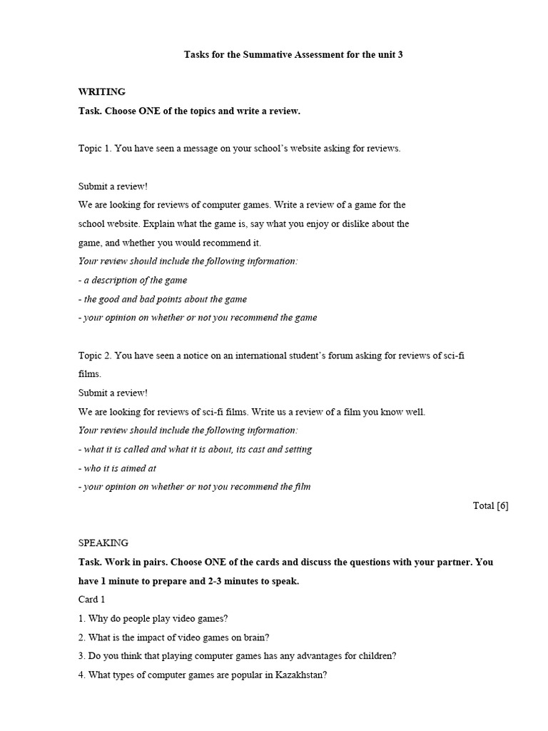 10 Class Tasks For The Summative Assessment For The Unit 3 | PDF