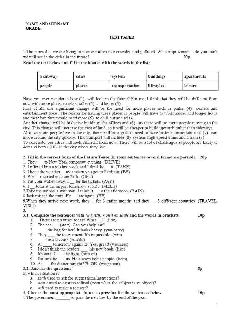 Test Paper Future Tenses 10 1 | PDF | Language Arts & Discipline ...