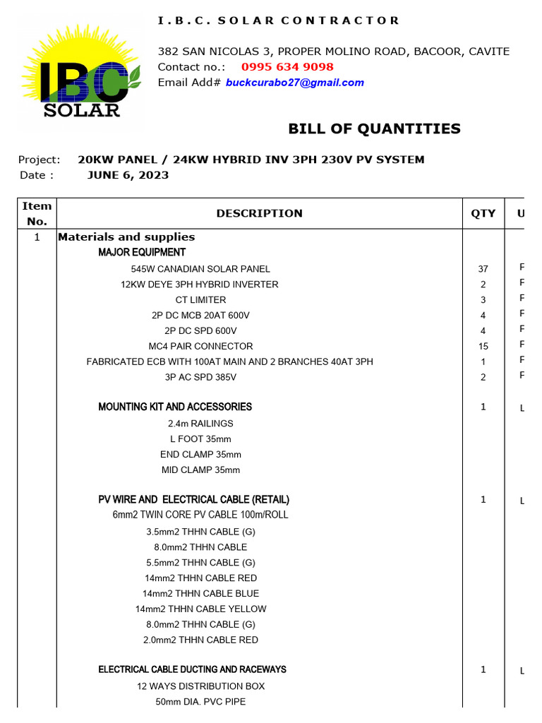 BOQ-20KW-PANEL-24KW-HYBRID-INV-3PH-WITH-METERING | PDF | Photovoltaics ...