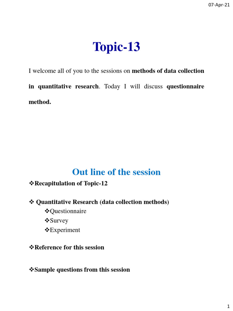 Topic-13: Out Line of The Session | PDF | Questionnaire | Survey ...