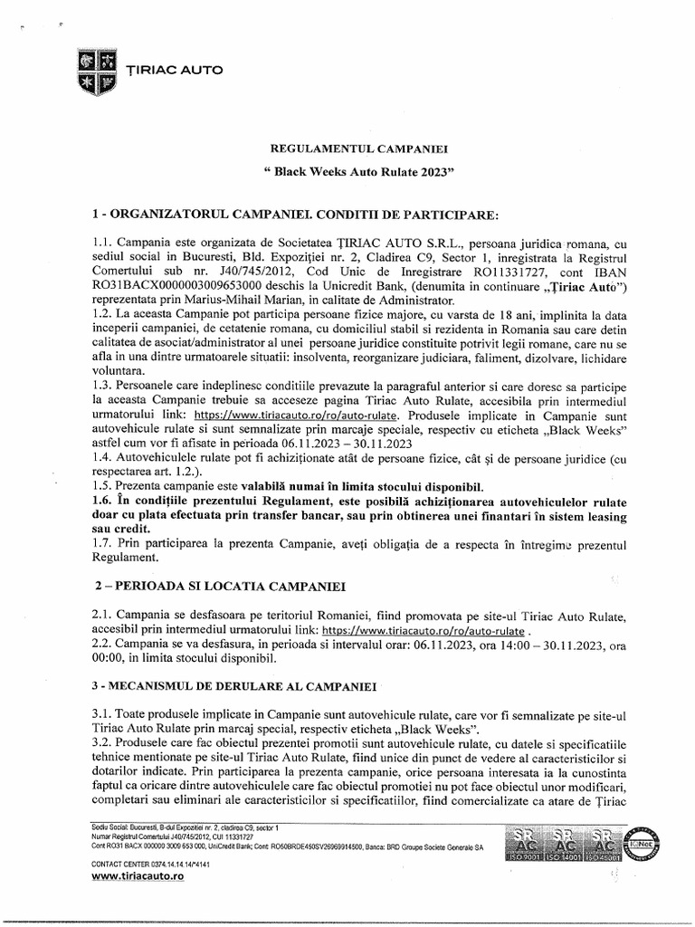 Regulament Campanie Black Weeks Tiriac Auto Rulate 2023 | PDF