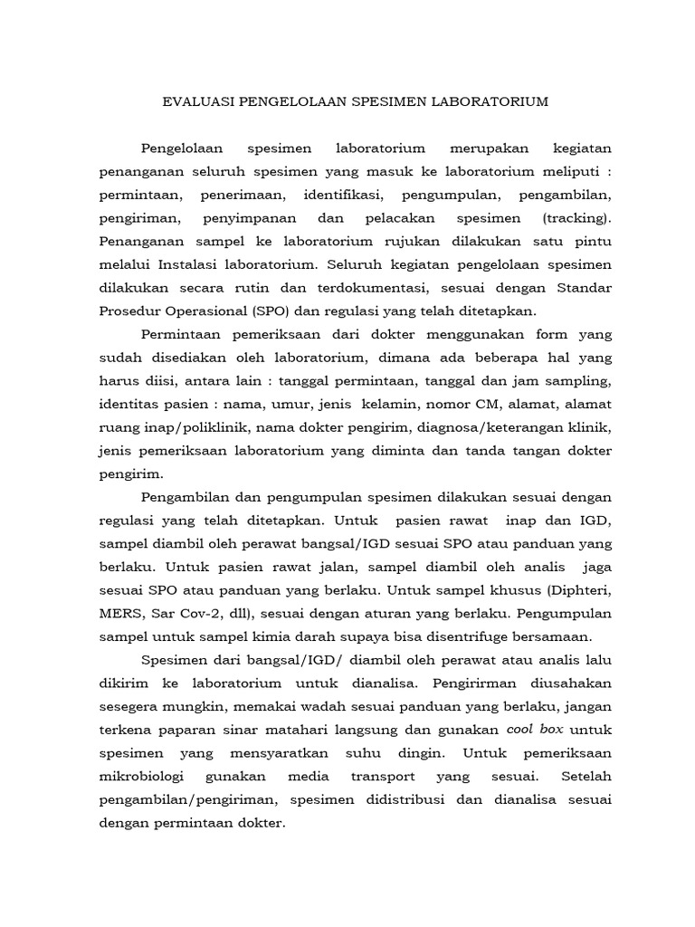 Evaluasi Pengelolaan Spesimen Laboratorium | PDF