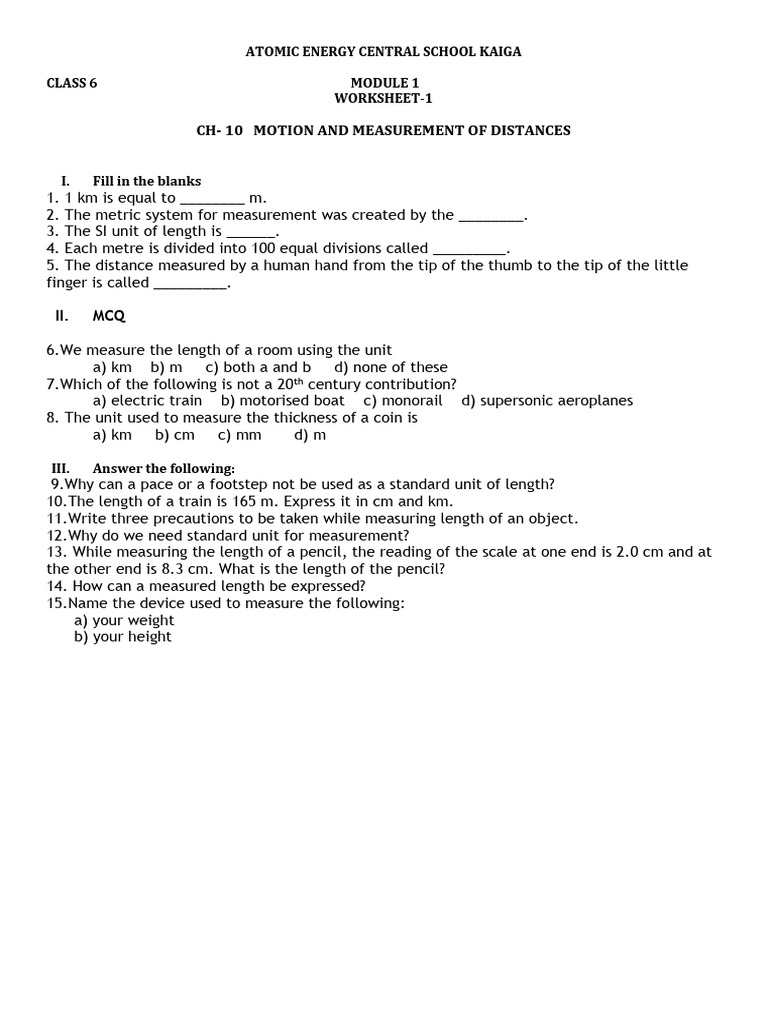 Vi Sci L10 M01 Motion and Measurement Worksheet | PDF