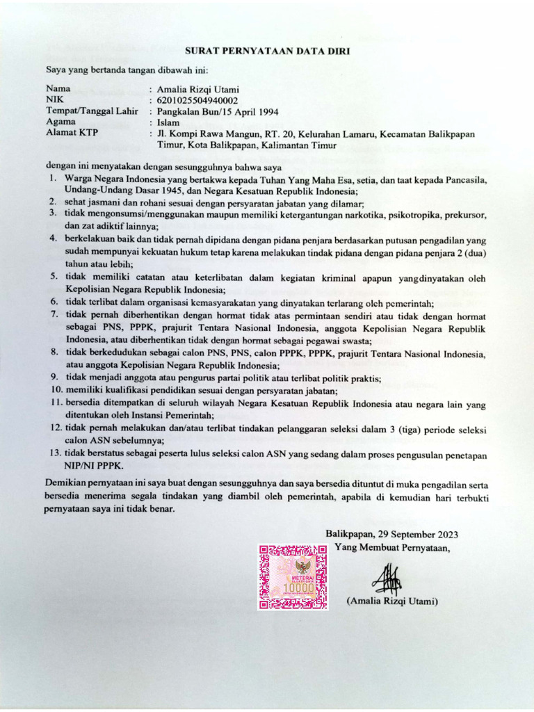 Surat Pernyataan Data Diri | PDF
