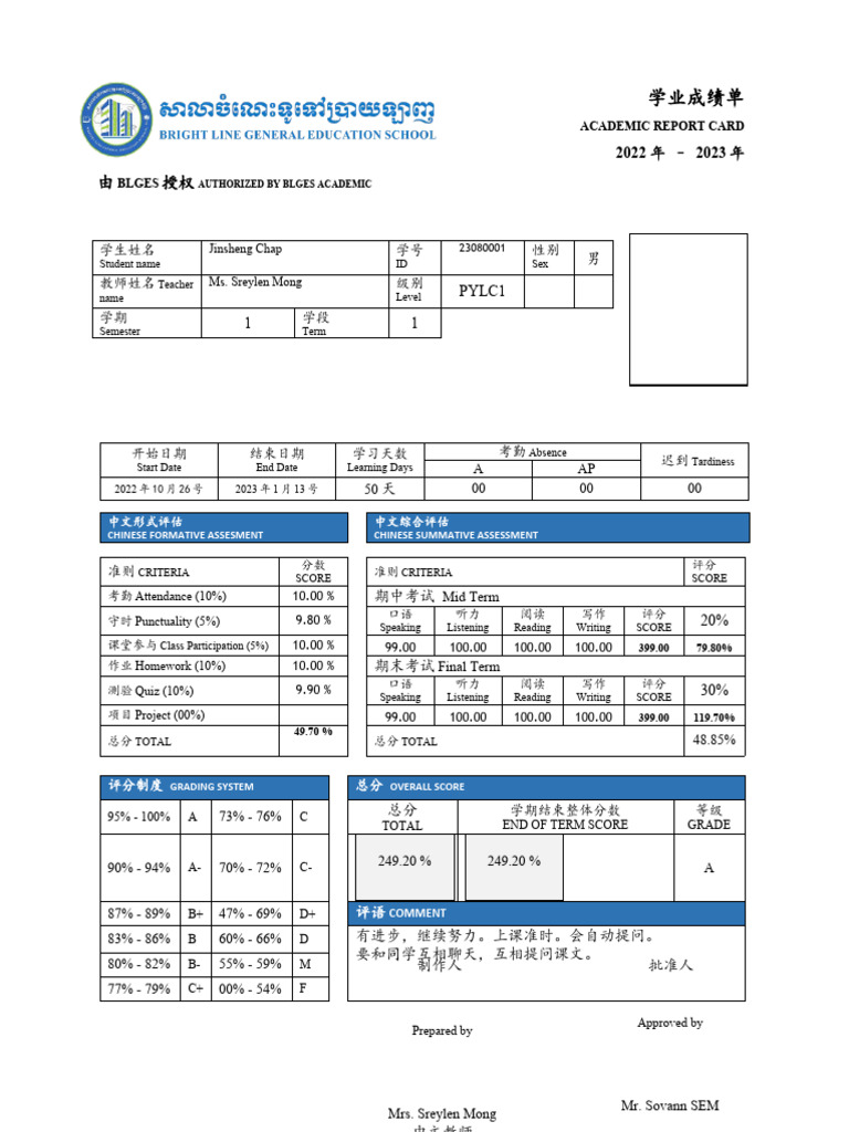 Chinese-Report Card Jinsheng | PDF